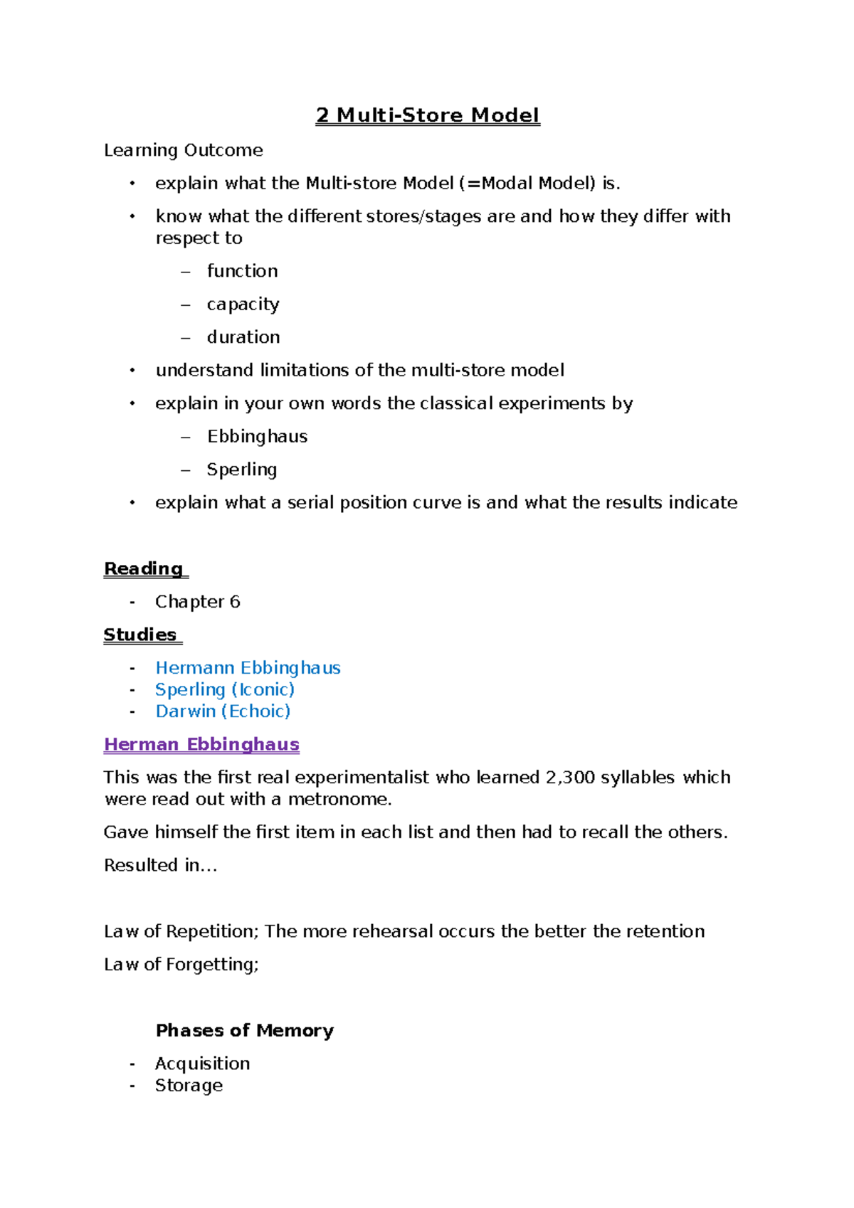2. Multi-Store Model - Lecture notes 2 - 2 Multi-Store Model Learning ...
