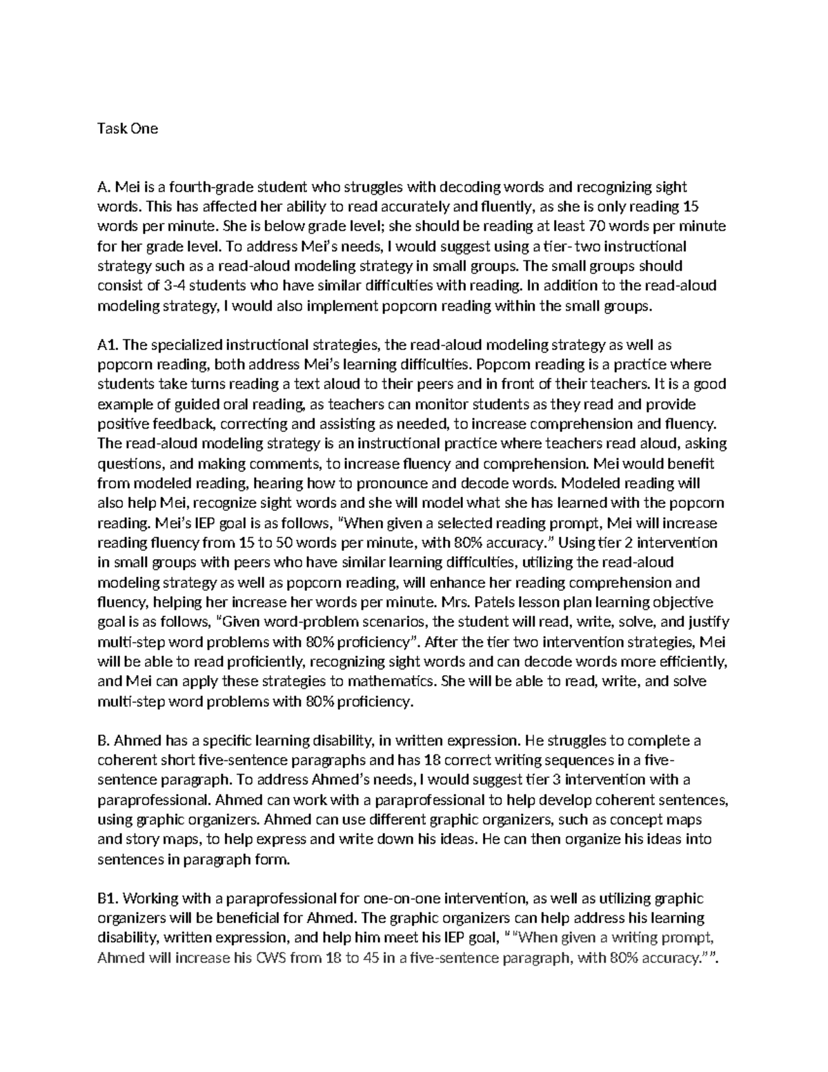 Task One- D152 - Task One - Task One A. Mei is a fourth-grade student ...