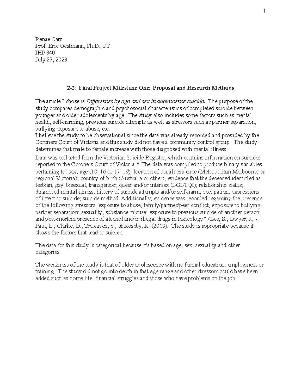 2-2 Final Project Milestone One Proposal and Research Methods - 1 Renae ...