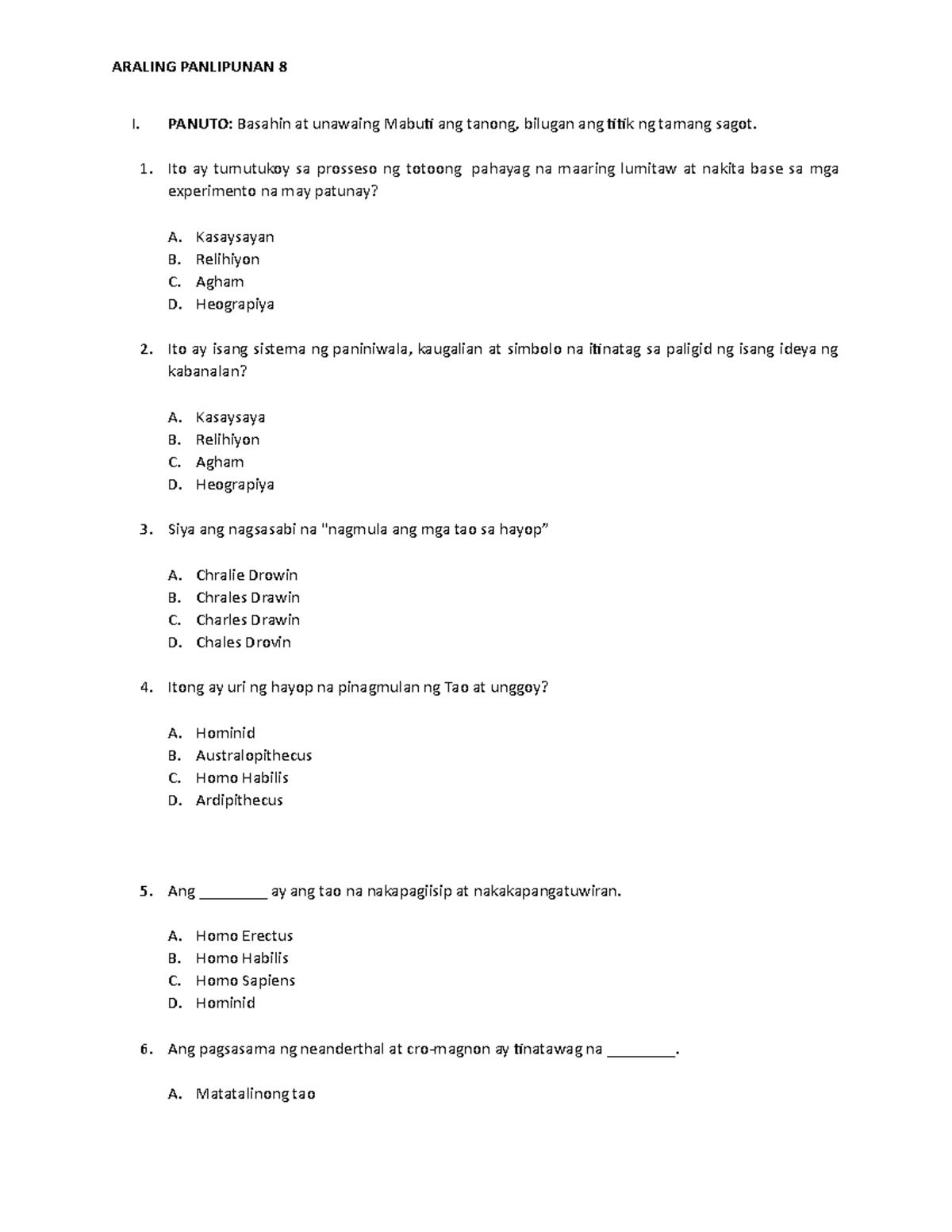 Araling Panlipunan 8 (TEST Questions) - I. PANUTO: Basahin at unawaing ...