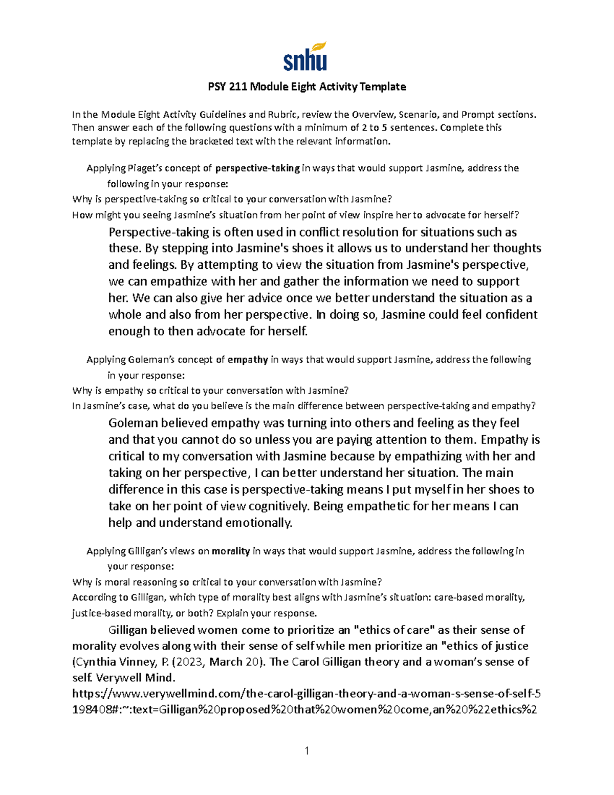 PSY 211 Module Eight Activity Template - Then answer each of the ...