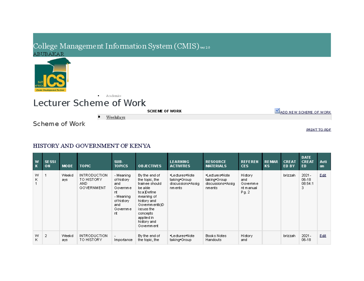 Schemes OF WORK History AND Government - College Management Information ...