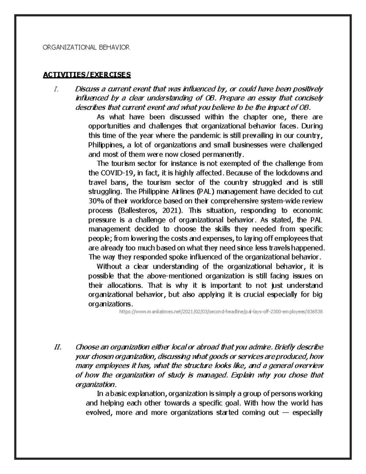 Organizational Behavior Activity - ORGANIZATIONAL BEHAVIOR ACTIVITIES ...