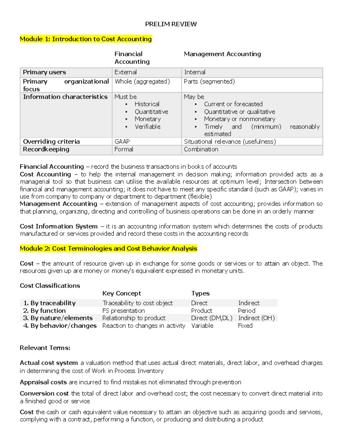 Accounting 201 Prelim Review - PRELIM REVIEW Module 1: Introduction to ...