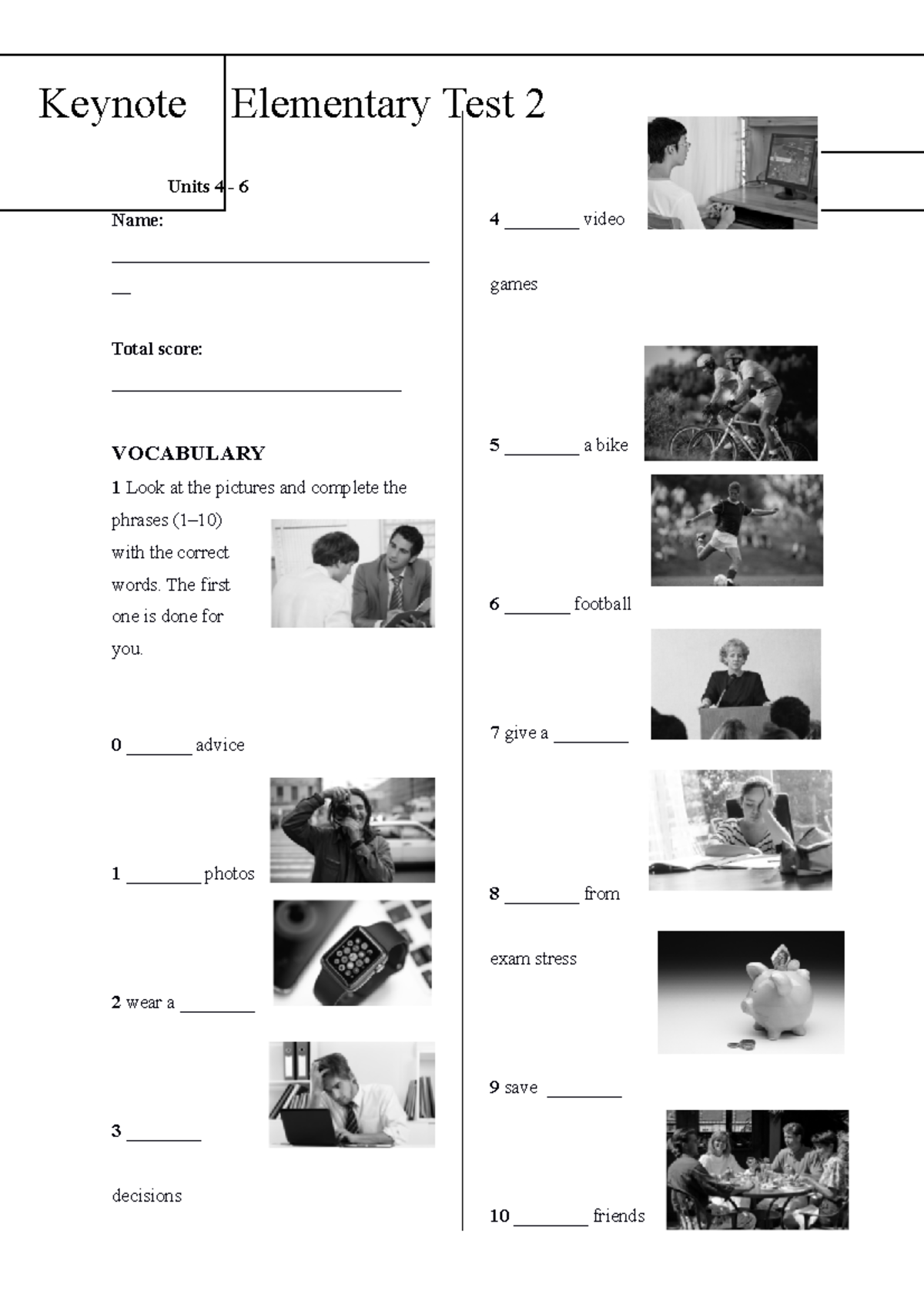 Keynote Elementary Test2(Word) - Name: __ Total score: VOCABULARY 1 ...