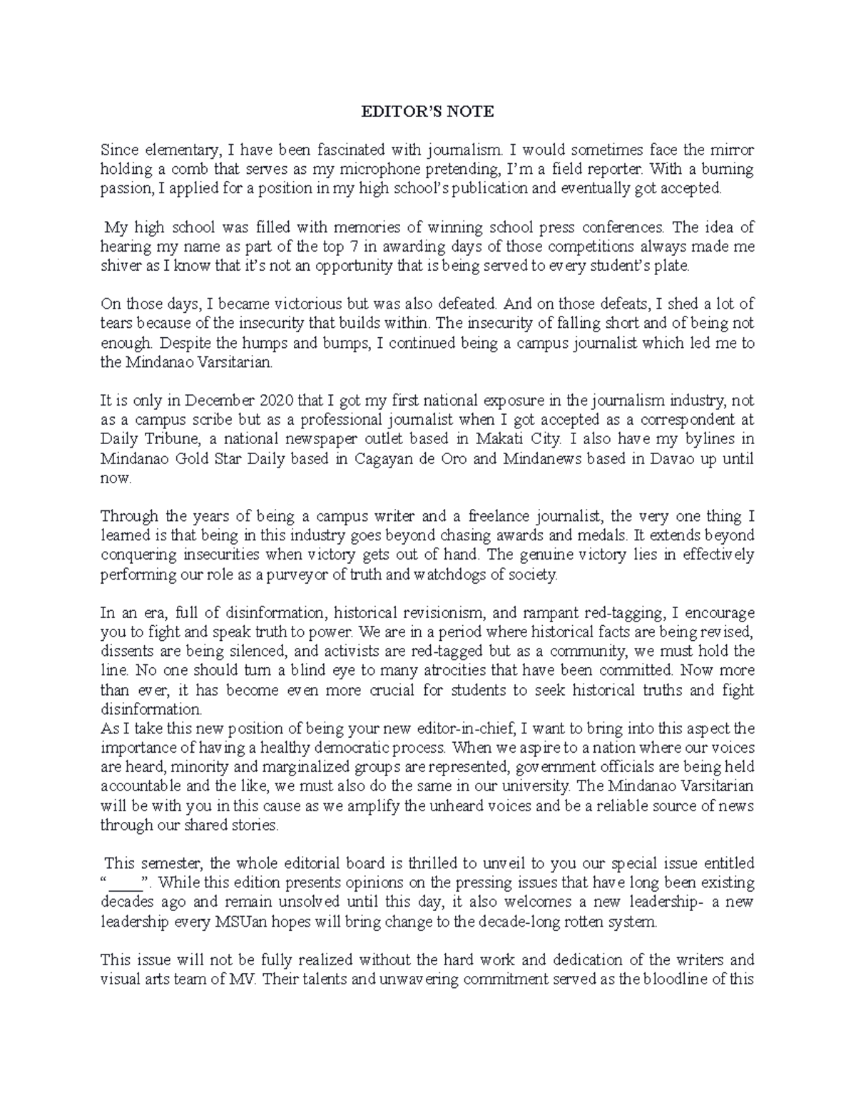 Editors NOTE - EDITOR’S NOTE Since elementary, I have been fascinated ...