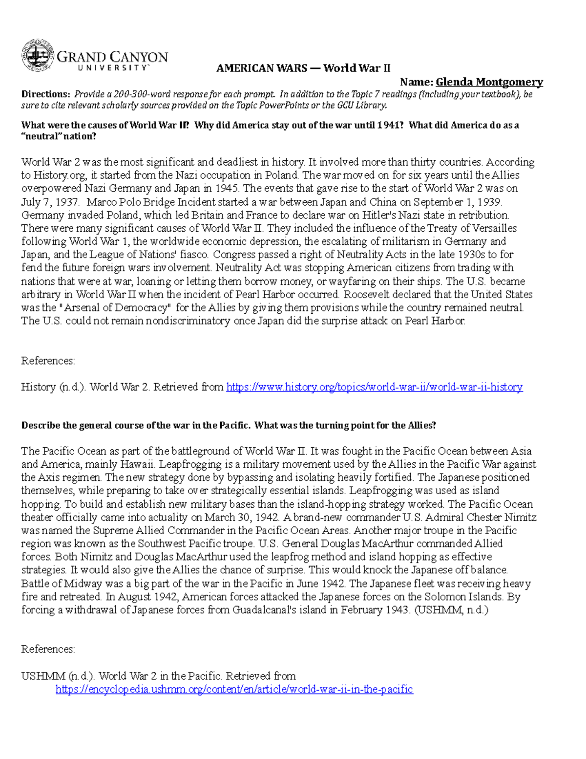 Early American Wars1 - AMERICAN WARS — World War II Name: Glenda ...