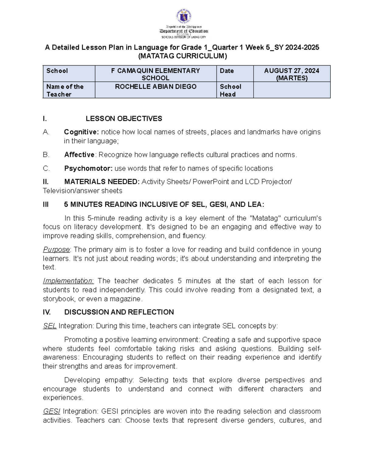 A Detailed Lesson Plan in Language for Grade 1 WEEK 5 Quarter 1 4 DAYS ...