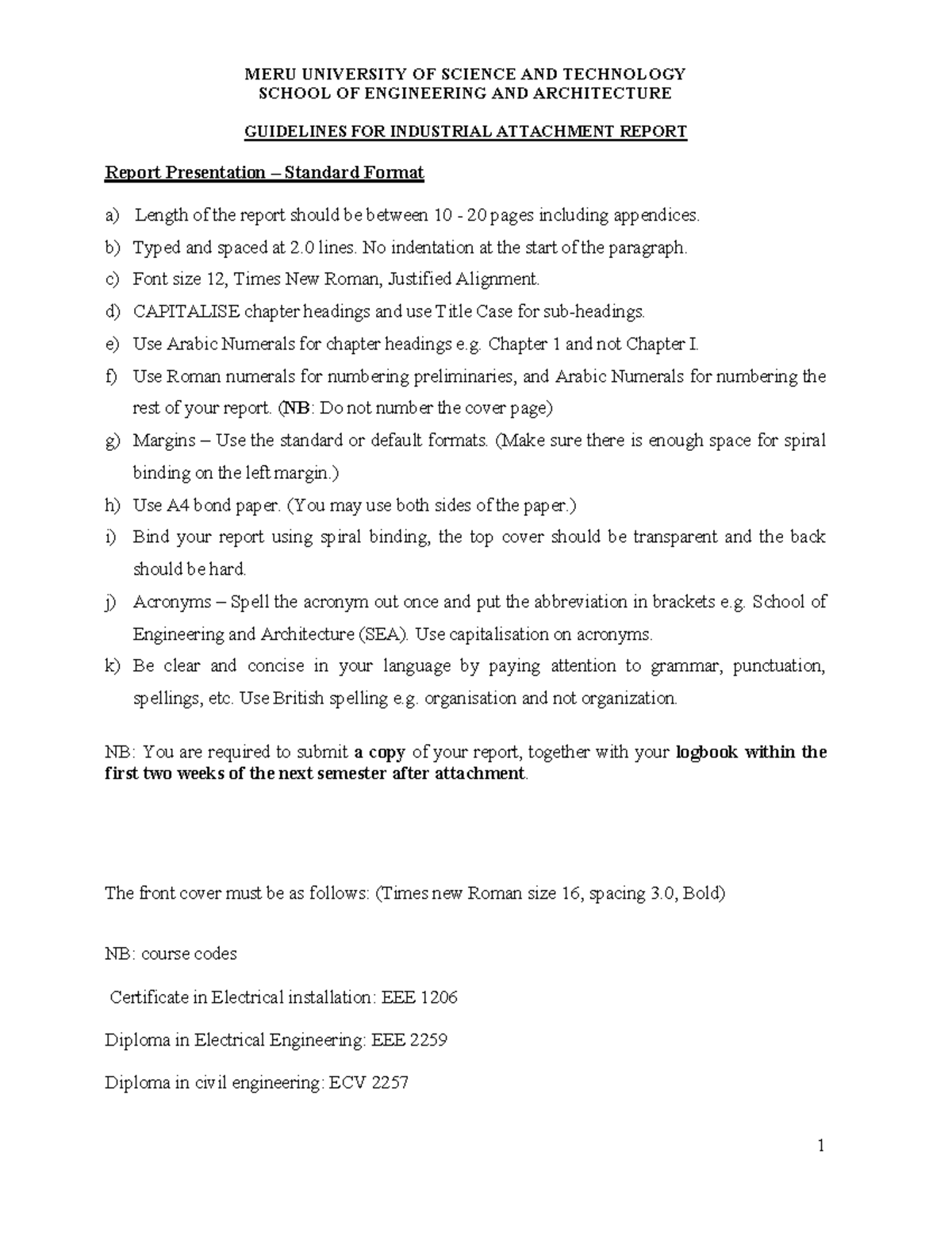 Guideline for Industrial Attachment report - MERU UNIVERSITY OF SCIENCE ...