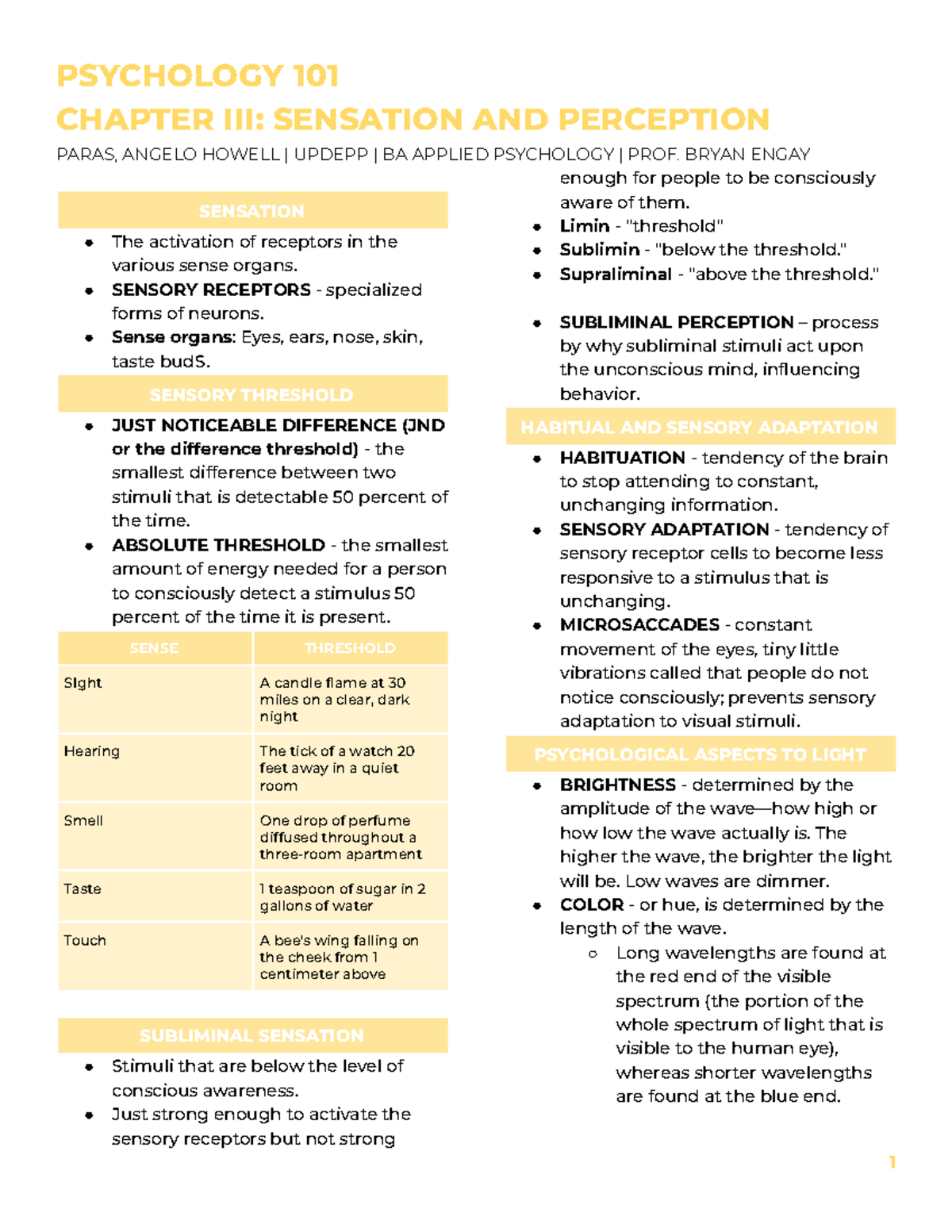 [ Psych 101 ] Chapter 3 - Sensation and Perception - CHAPTER III ...