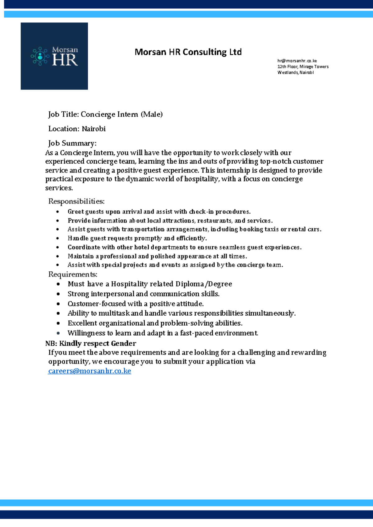 MALE Concierge Intern - good notes - Morsan HR Consulting Ltd hr ...