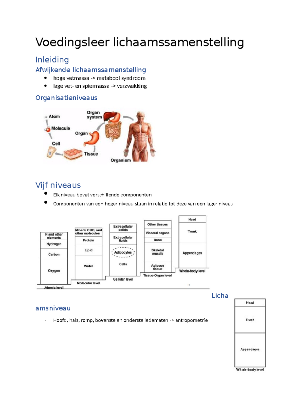 Voedingsleer samenvatting H2,3 & 4 - Voedingsleer lichaamssamenstelling Inleiding ...