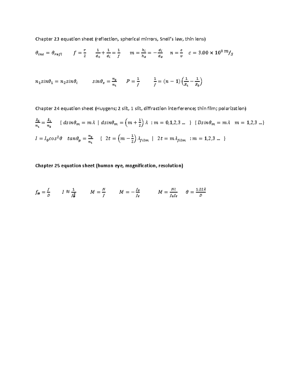 Exam 3 Equations - Datwyler - PH105 - Chapter 23 equation sheet ...