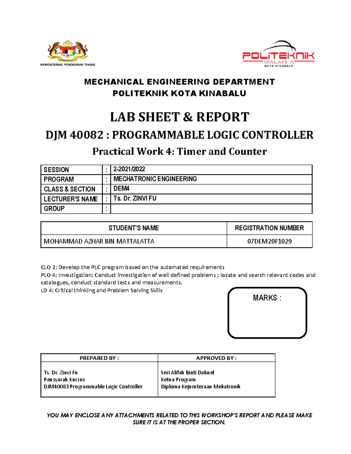 07DEM20F1029 PLC lab 4 s2 2021 2022 - MECHANICAL ENGINEERING DEPARTMENT POLITEKNIK KOTA KINABALU ...