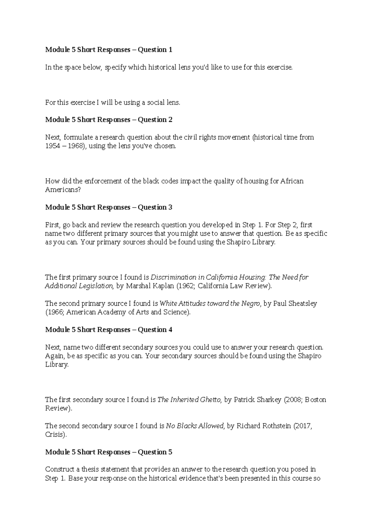 Short Response Module 4 - Module 5 Short Responses – Question 1 In the ...