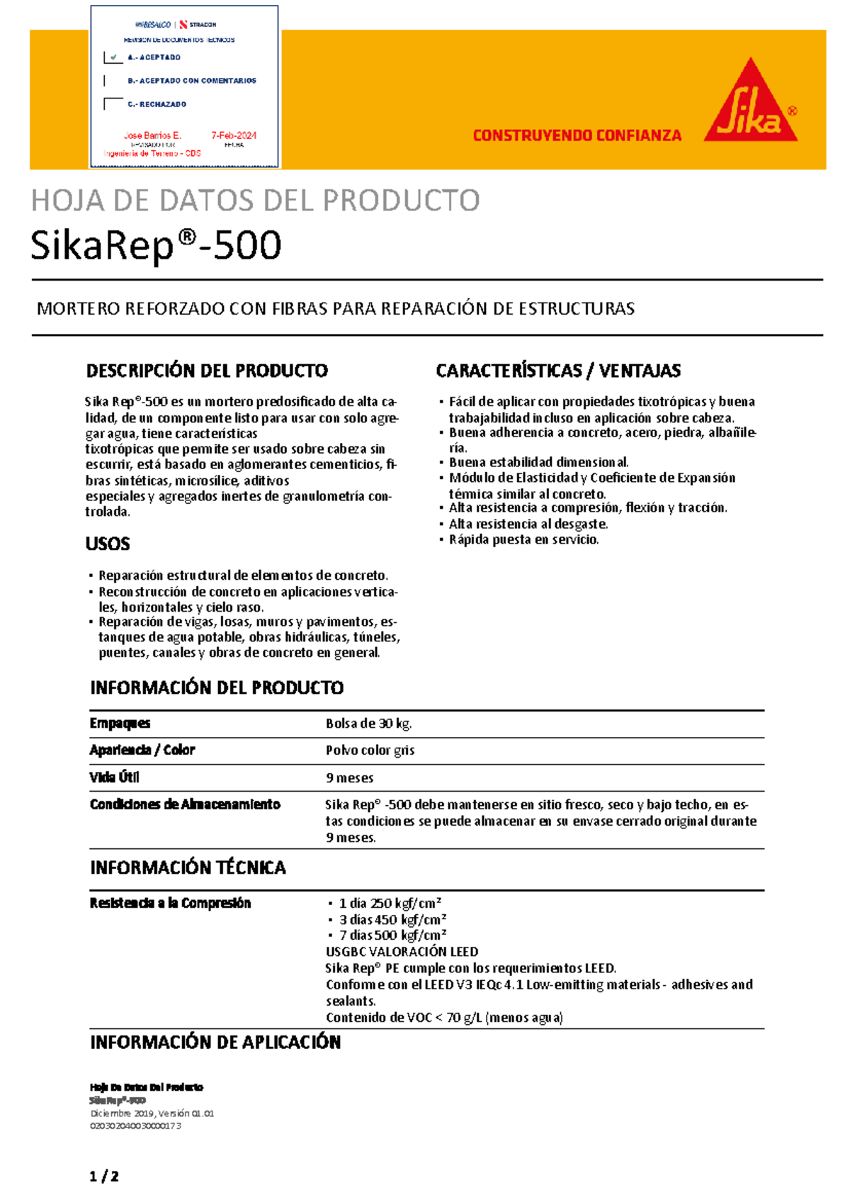 Ficha Tecnica - Sika Rep - 500 - Hoja De Datos Del Producto SikaRep ...