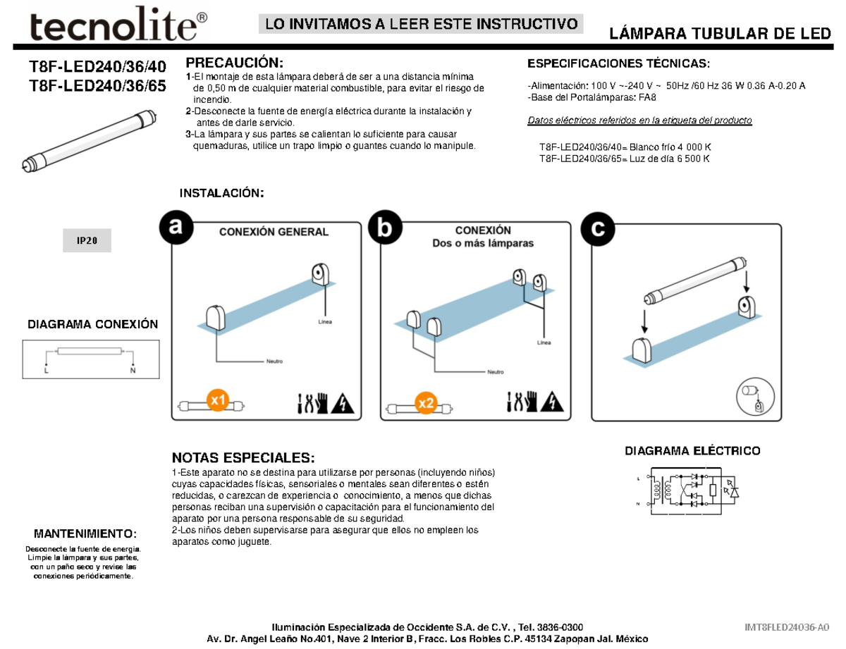 T8F LED240 36 65 INS - clase - Alimentación: 100 V ~-240 V ~ 50Hz /60 Hz 36 W 0. 36 A-0 A Base ...
