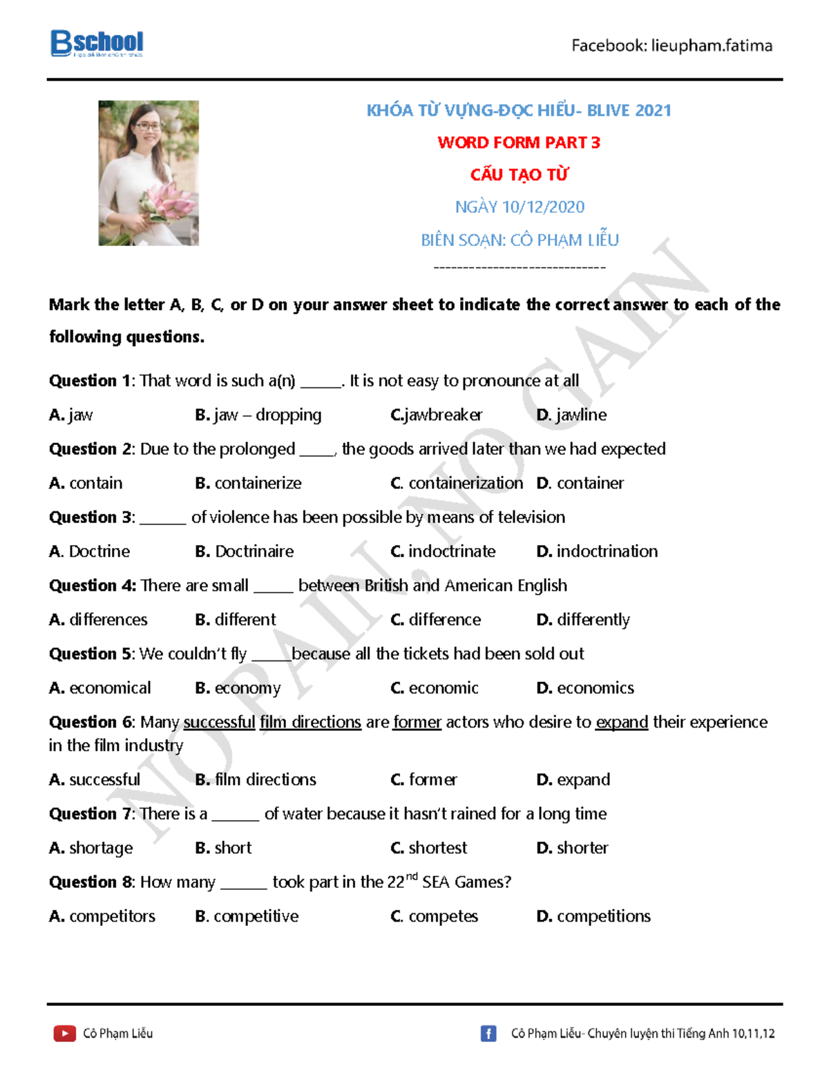 PART 3- WORD FORM -CẤU TẠP TỪ-CÔ PHẠM LIỄU - KHÓA TỪ VỰNG-ĐỌC HIỂU ...