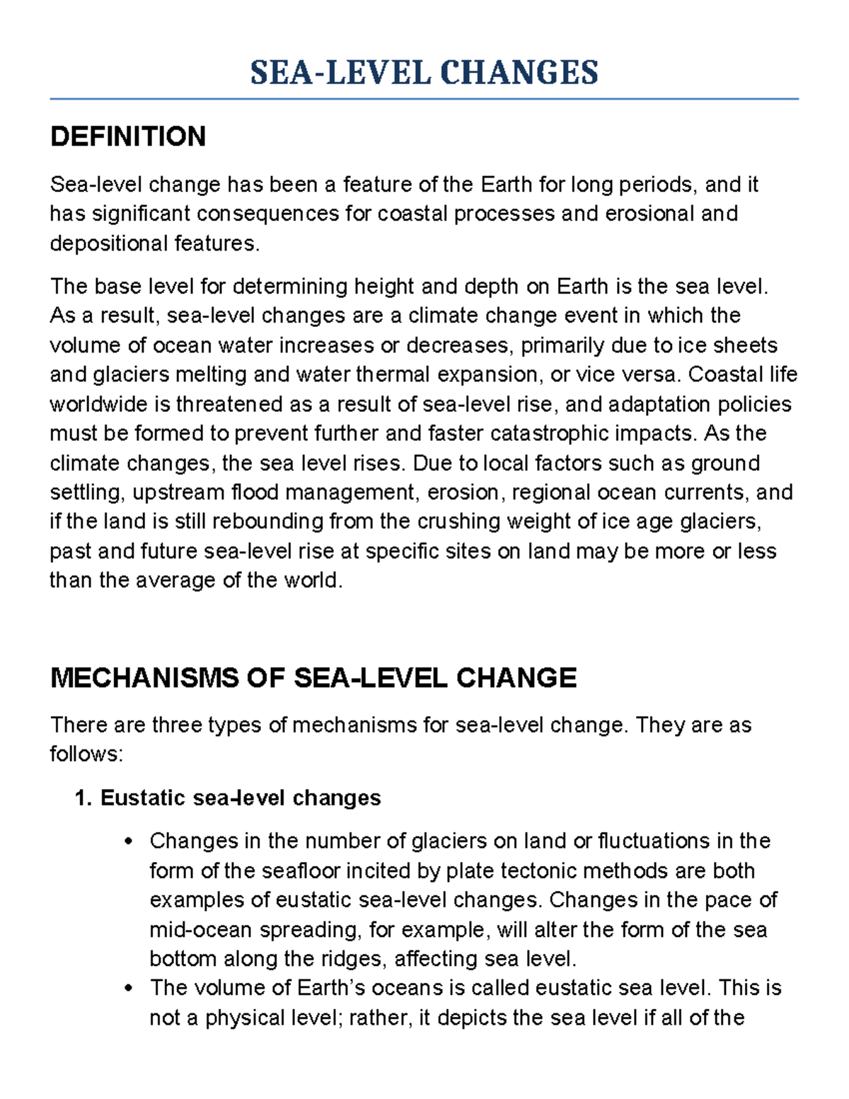 SEA- Level Changes - SEA-LEVEL CHANGES DEFINITION Sea-level change has ...