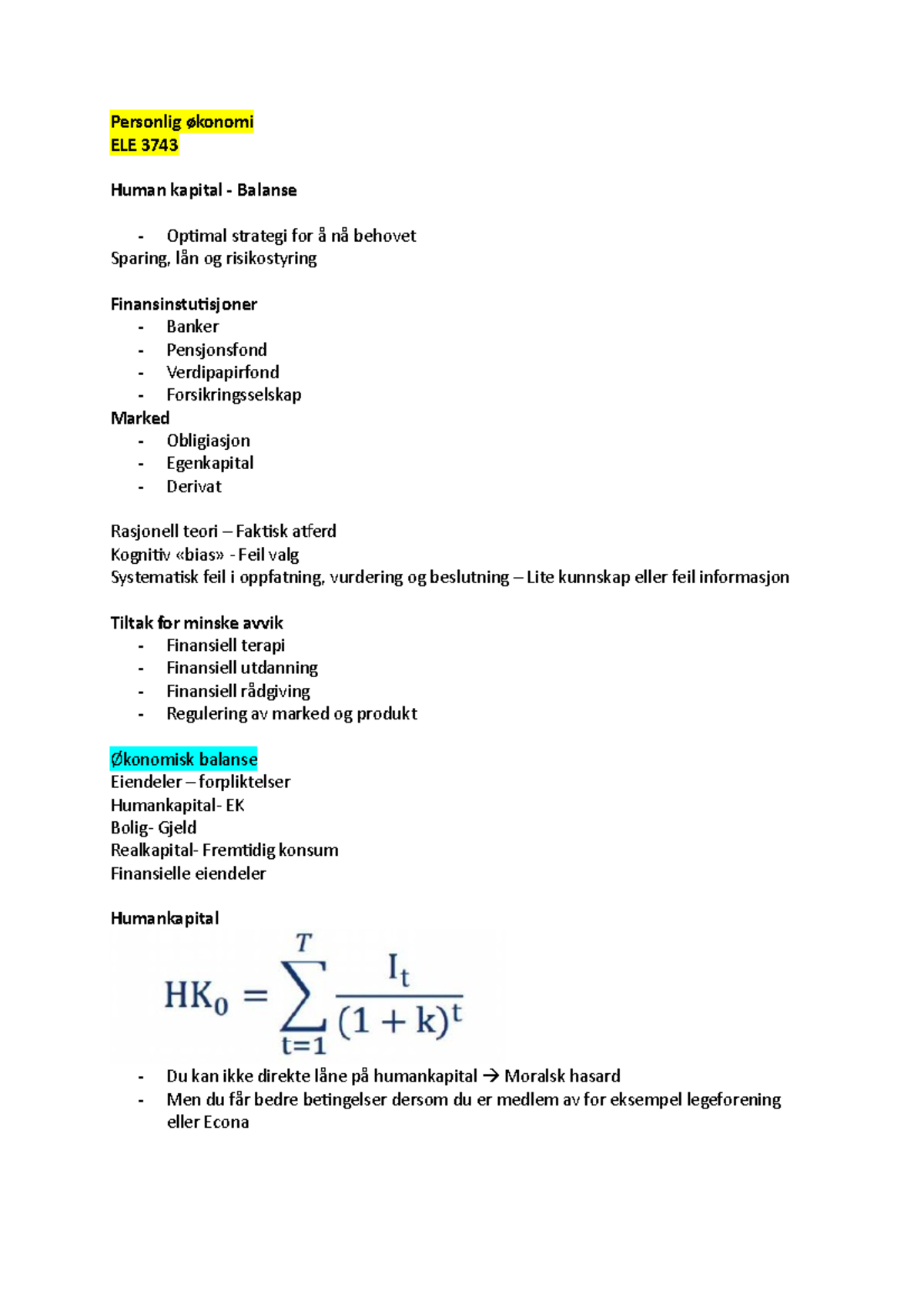 Personlig økonomi - Persøk notater fra første forelesning - Personlig økonomi ELE 3743 Human ...