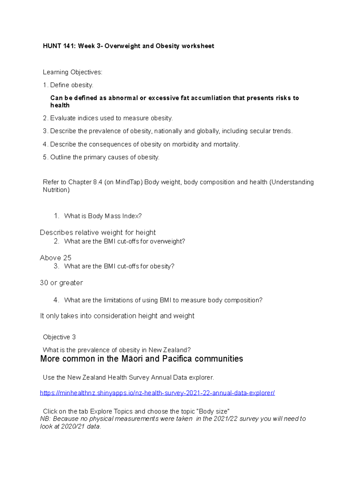 HUNT 141 Overweight and Obesity worksheet 2023 - HUNT 141: Week 3 ...