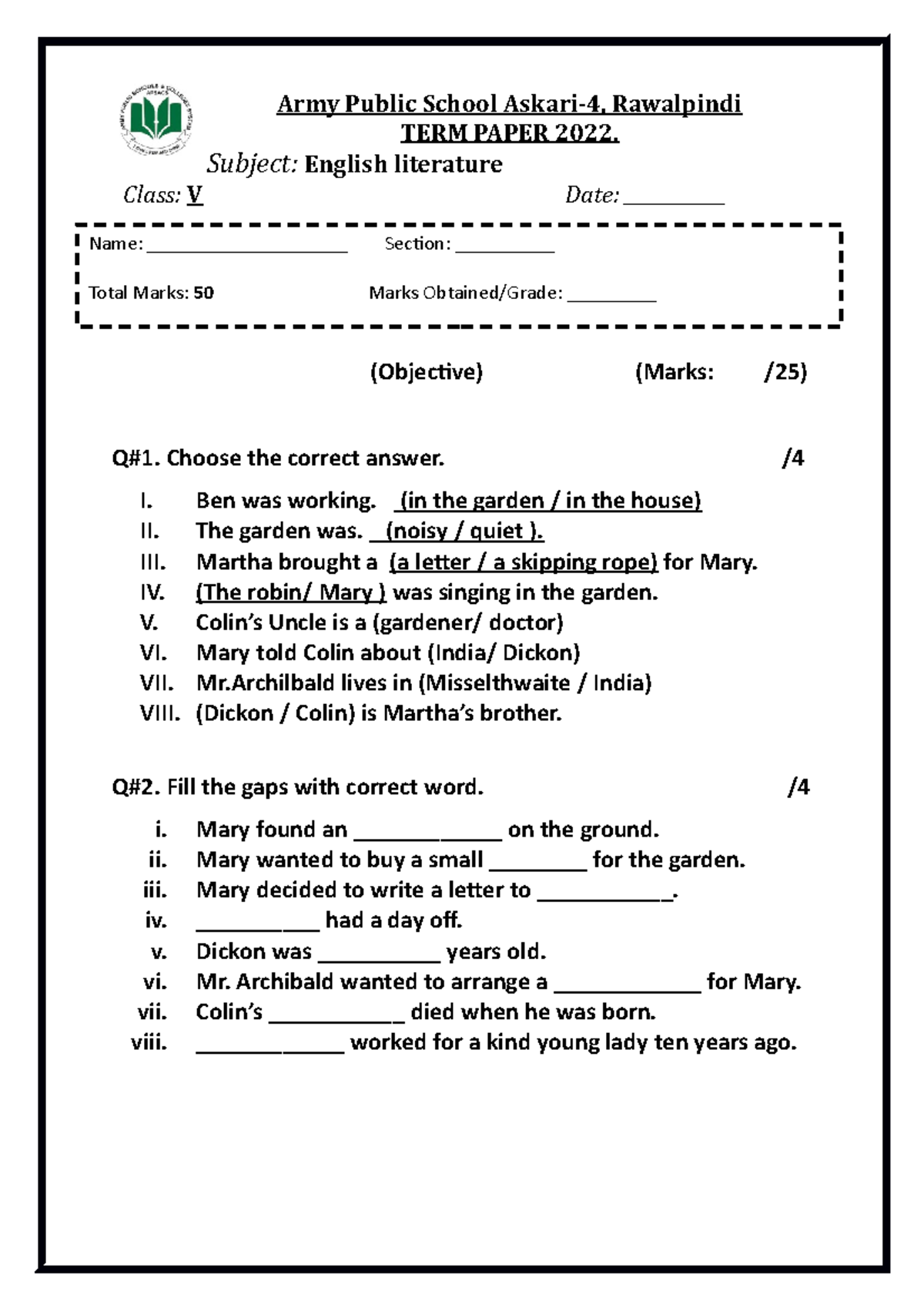 Sample term paper eng lit grade 5 - Army Public School Askari-4 ...