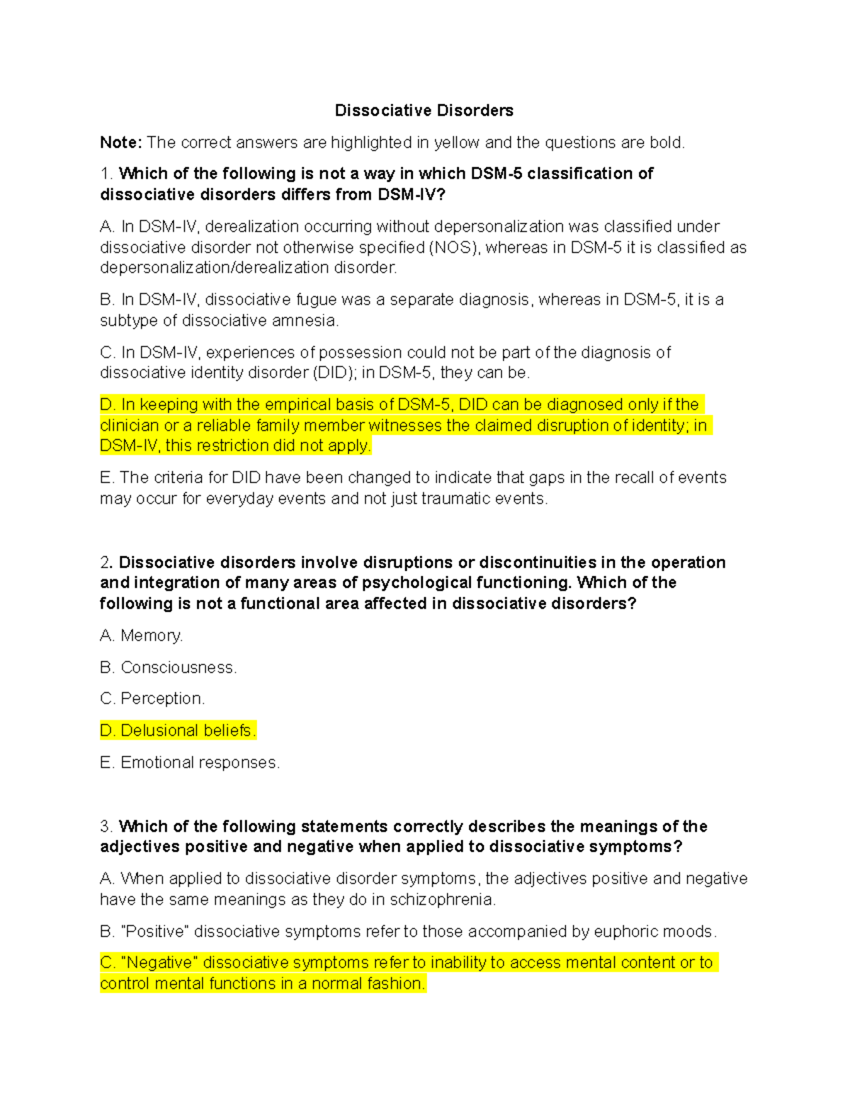 Test Questions in Dissociative Disorders - Dissociative Disorders Note ...