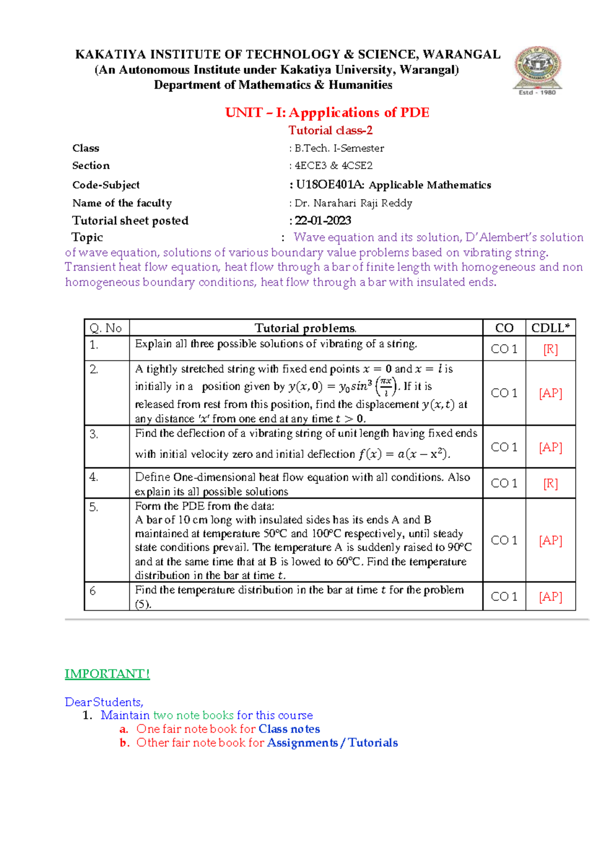Kw AM Tutorialclass 2 - Applicable mathematics important tutorials 2 ...