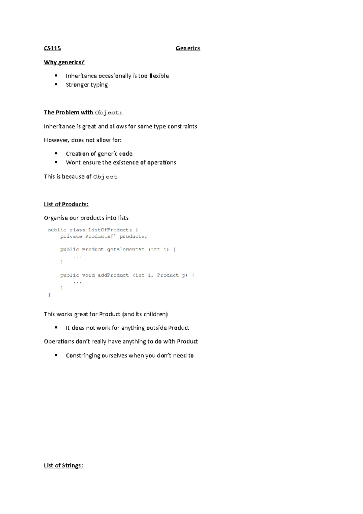 CS 115 Topic 7 - Generics - CS115 Generics Why generics? Inheritance occasionally is too ...