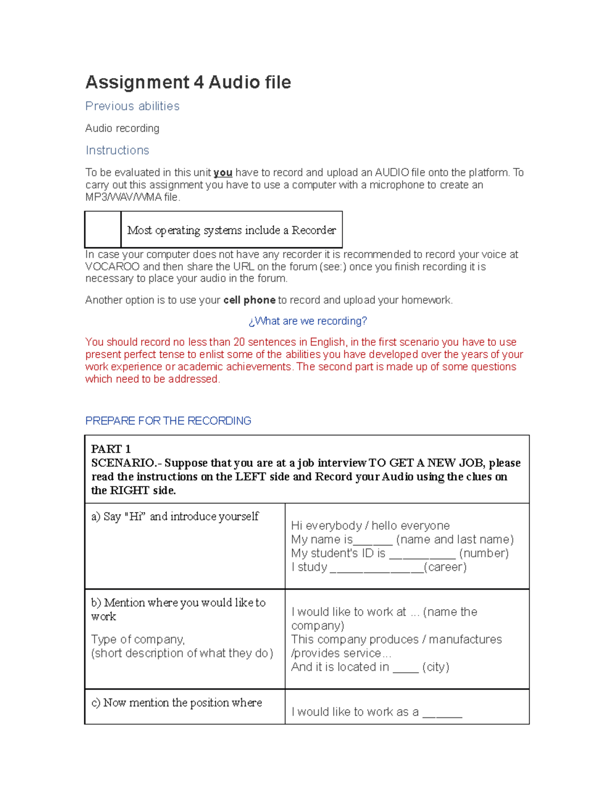 4 Audio file - ingles text 4 file - Assignment 4 Audio file Previous abilities Audio recording ...