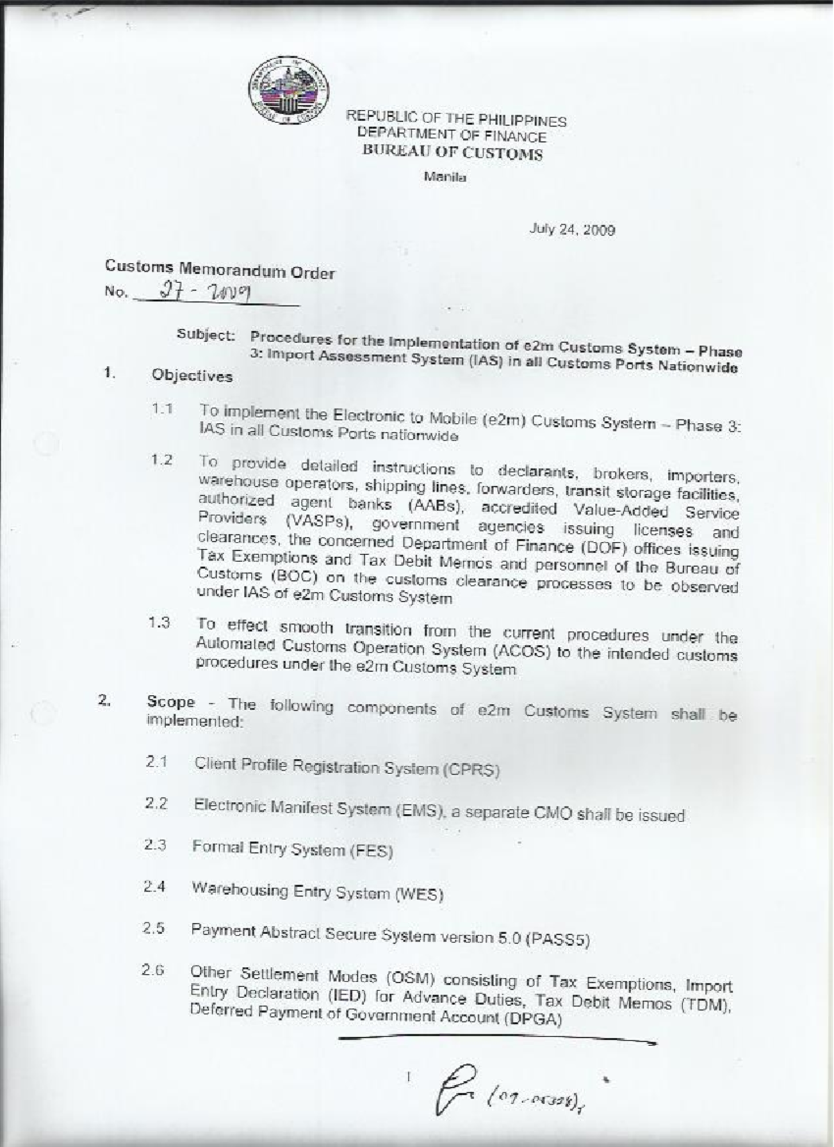 CMO-27-2009 - CUSTOMS MEMORANDUM ORDER - EMERGENCY DEPARTMENT HOME OF wash REPUBLIC OF THE - Studocu
