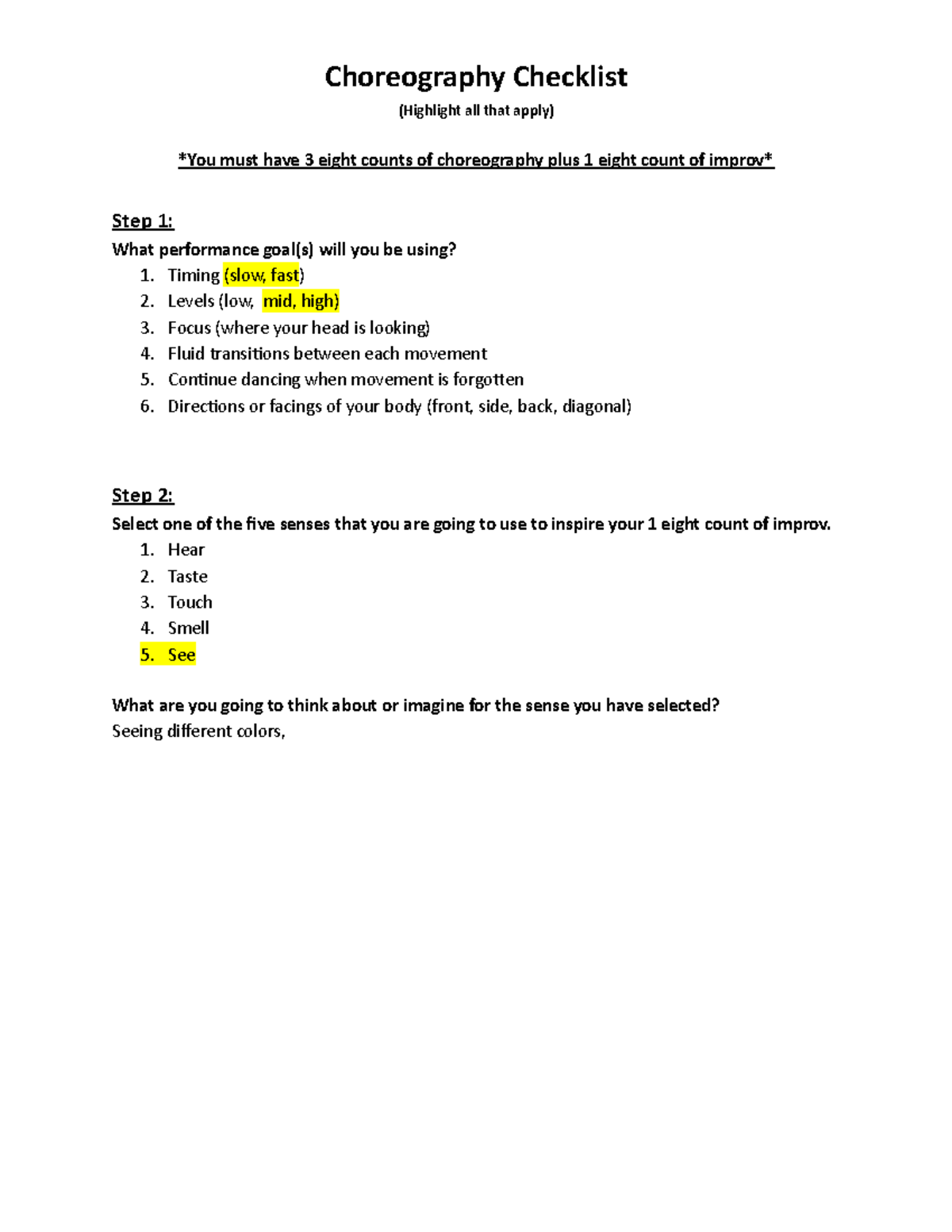 Choreography Checklist Rubric (12B 13B) - Choreography Checklist ...