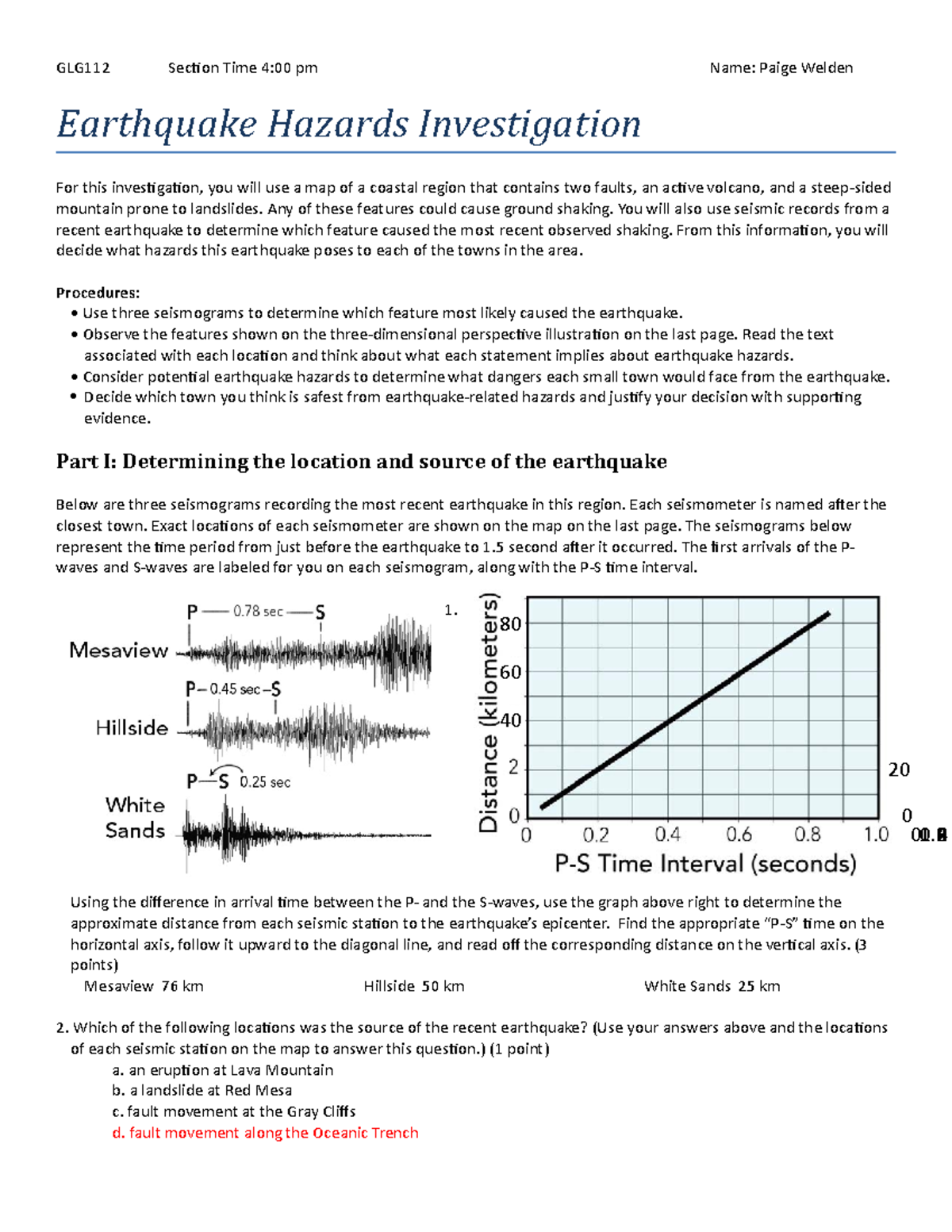 Earthquake Hazards Investigation - GLG112 Section Time 4:00 pm Name ...