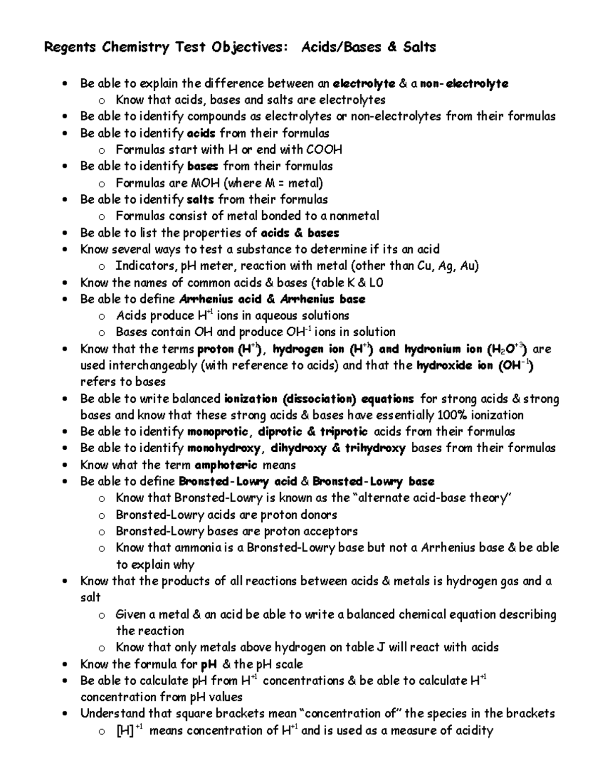 Acidsbasessalts - rolnald questiosn - Regents Chemistry Test Objectives ...