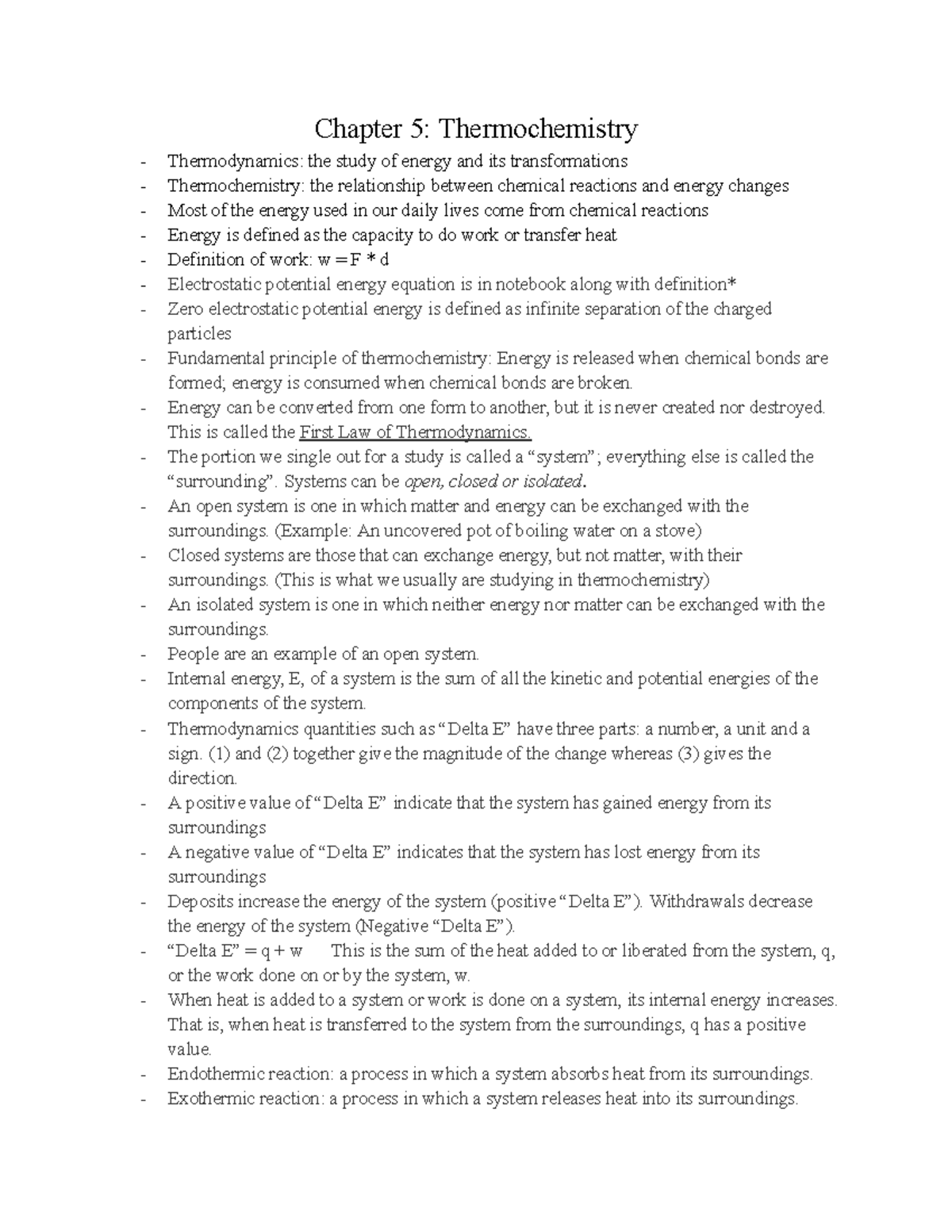 Chemistry Chapter 5 Notes - Chapter 5: Thermochemistry Thermodynamics ...