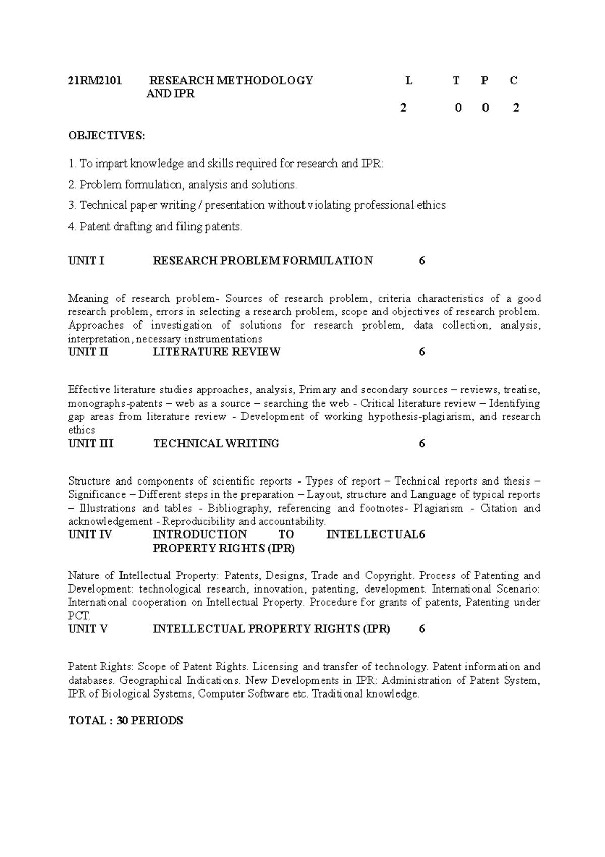 21RM2101 Research Methodoloyg and IPR Syllabus - 21RM2101 RESEARCH ...