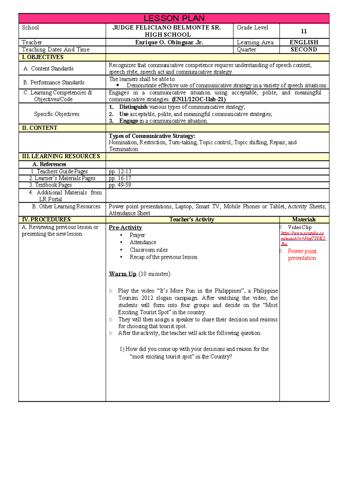 Lesson PLAN - Oral COmmunication - LESSON PLAN School JUDGE FELICIANO ...