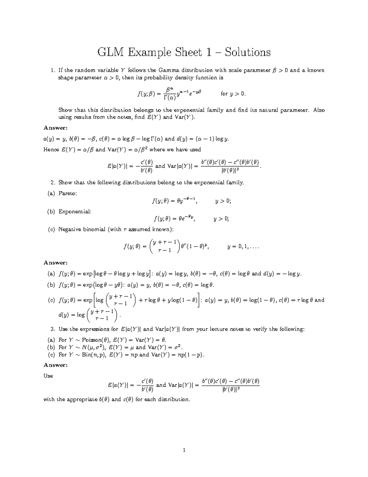 Example Sheet 1solns - GLM Example Sheet 1 – Solutions 1 the random ...