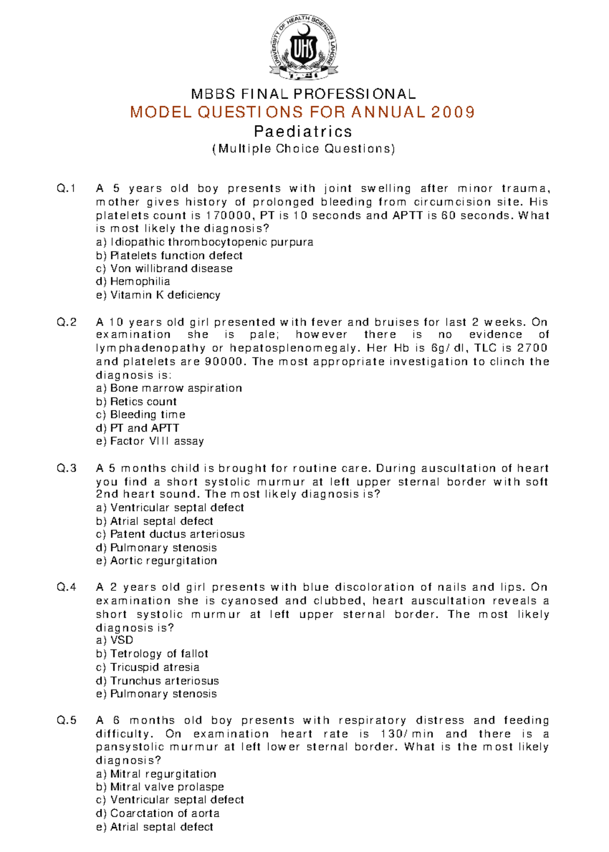 Paeds MCQ - M BBS FI N AL PROFESSI ON AL M OD EL QUESTI ON S FOR AN N U ...