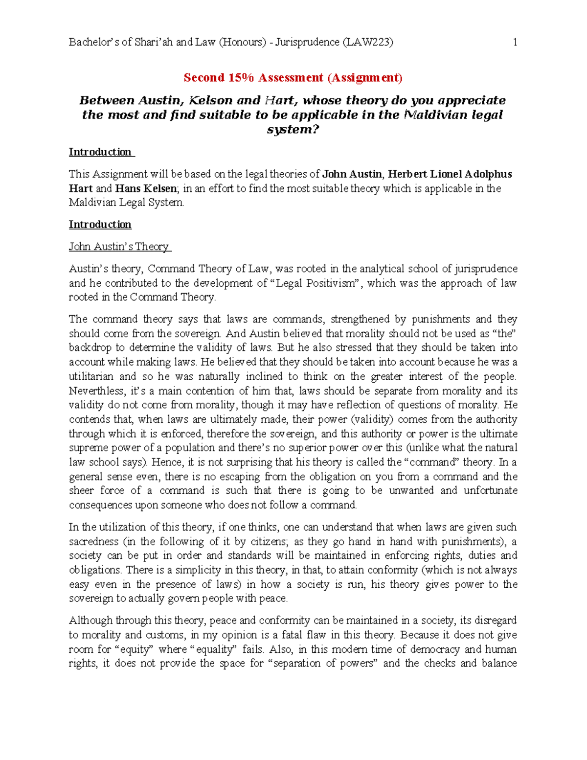 Juris Assignment - Bachelor’s of Shari’ah and Law (Honours) - Jurisprudence (LAW223) 1 Second 15 ...