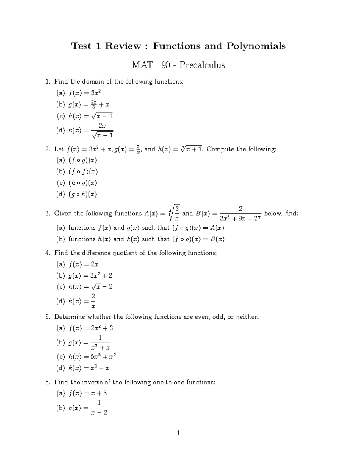 MAT 190 Test 1 Review-1-1 - Test 1 Review : Functions and Polynomials ...