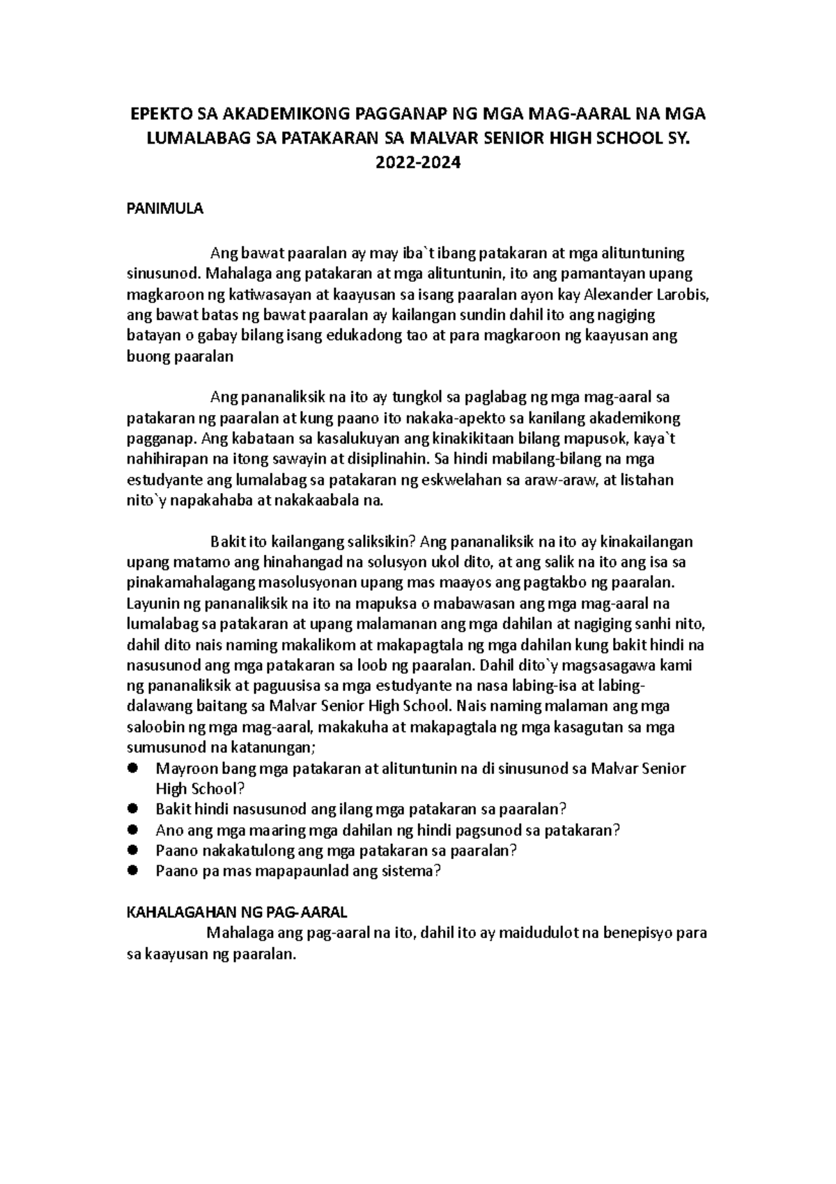 PAGBASA AT PAGSULAT - EPEKTO SA AKADEMIKONG PAGGANAP NG MGA MAG-AARAL ...