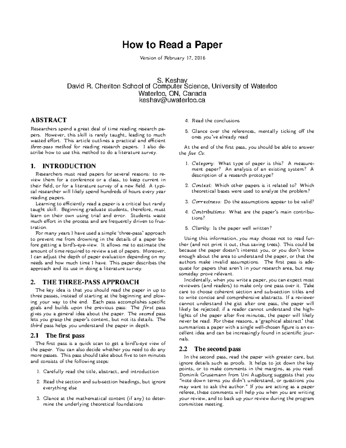 Paper-reading - How to Read a Paper Version of February 17, 2016 S ...