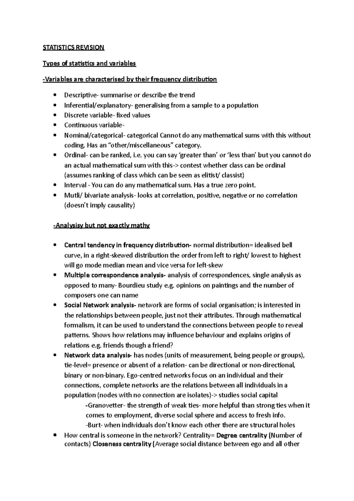 Statistics Revis - STATISTICS REVISION Types of statistics and ...