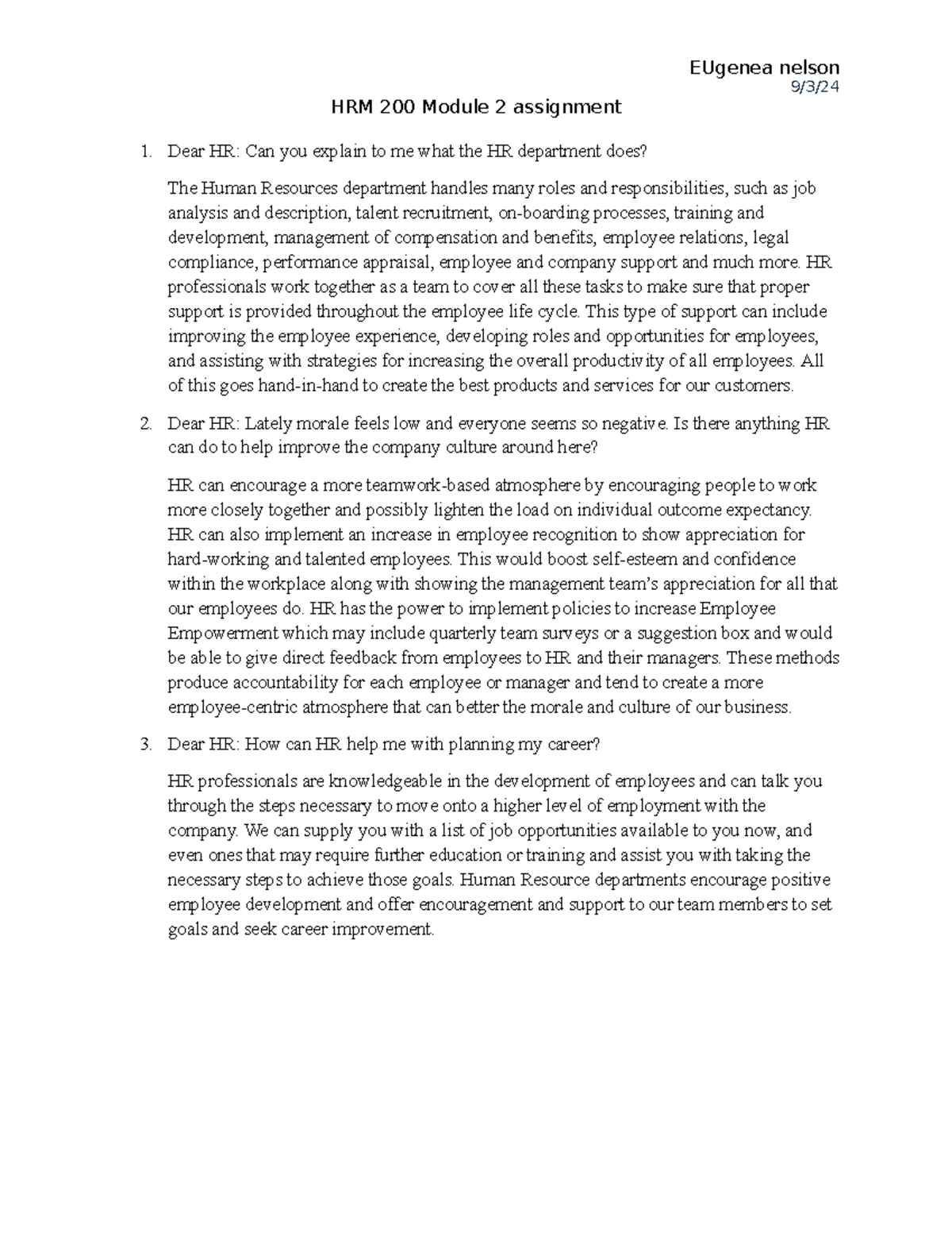 HRM 200 Module 2 Assignment - EUgenea nelson 9/3/ HRM 200 Module 2 ...