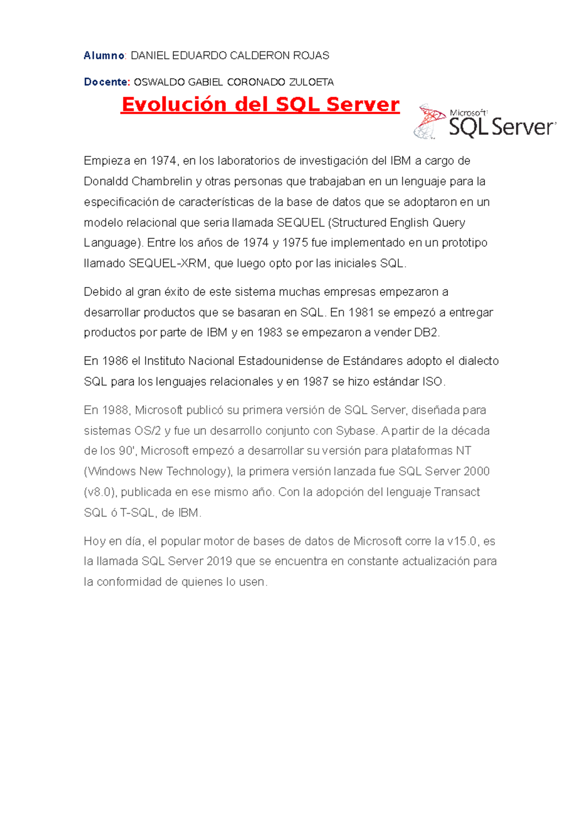 Evolución del SQL Server - Daniel Eduardo Calderon Rojas - Alumno ...