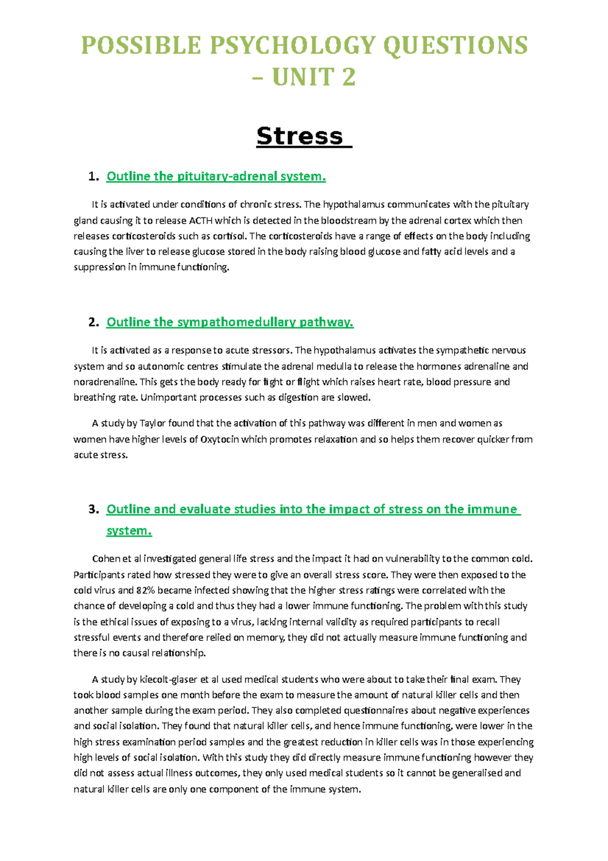 All possible questions - UNIT TWO - POSSIBLE PSYCHOLOGY QUESTIONS ...