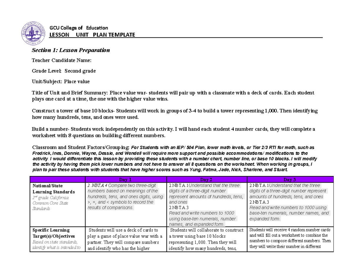 3-day unit plan template - Section 1: Lesson Preparation Teacher ...