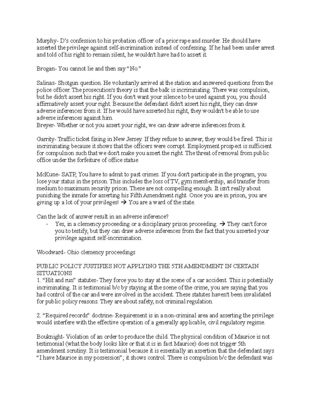 Crim Pro Notes - Murphy- D’s confession to his probation officer of a ...