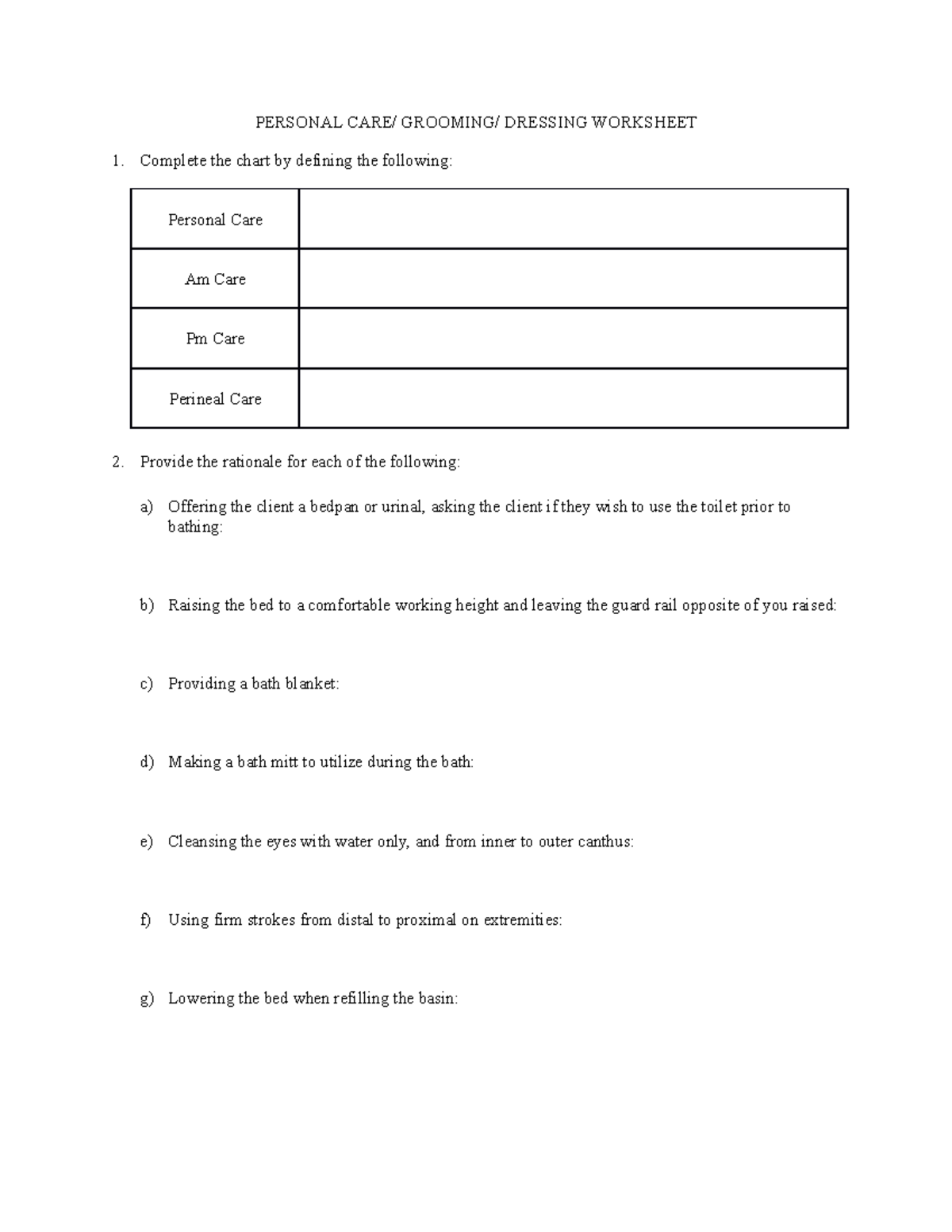 Personal Care, Grooming, Dressing Worksheet - PERSONAL CARE/ GROOMING ...